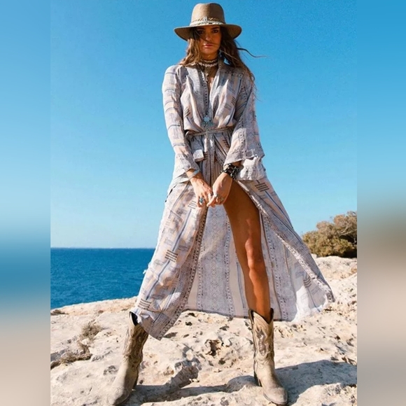 Dresses | New Boho Tribal Southwestern Print Kimono Maxi Duster Peach ...